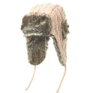 NIRVANNA DESIGNS Cable Knit Trapper Hat With Faux Fur - Pink Quartz