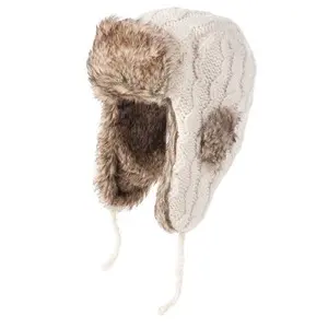 NIRVANNA DESIGNS Cable Knit Trapper Hat With Faux Fur - White