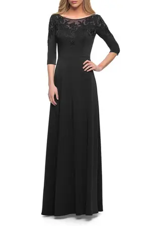 La Femme Jersey Gown With Lace Neckline - Black
