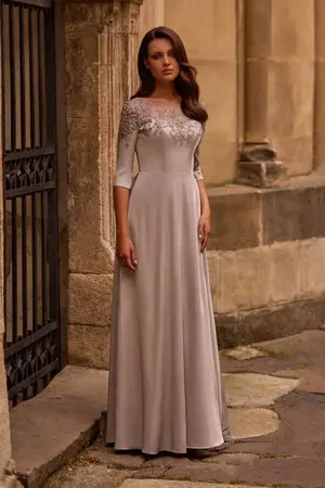 La Femme Jersey Gown With Lace Neckline - Silver