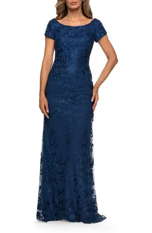 La Femme Floral Lace Evening Gown - Navy