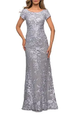 La Femme Floral Lace Evening Gown - Silver