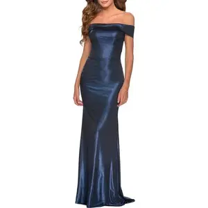 La Femme Metallic Jersey Off The Shoulder Gown - Navy