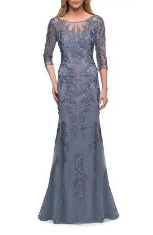 La Femme Tulle Gown With Lace Applique - Slate
