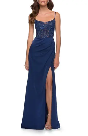 La Femme Satin Gown With Lace Bodice And Slit - Navy