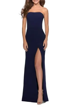La Femme Strapless Long Jersey Prom Dress - Navy