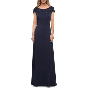 La Femme Jersey Gown With Lace Top - Navy
