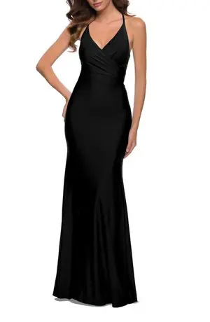La Femme Fitted Jersey Gown - Black
