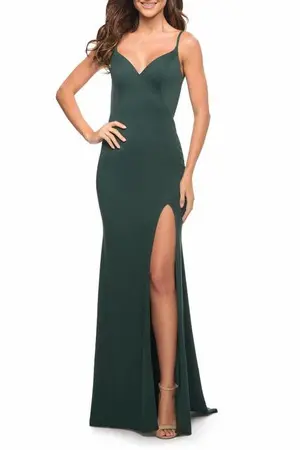 La Femme Jersey Gown With Slit - Dark Emerald