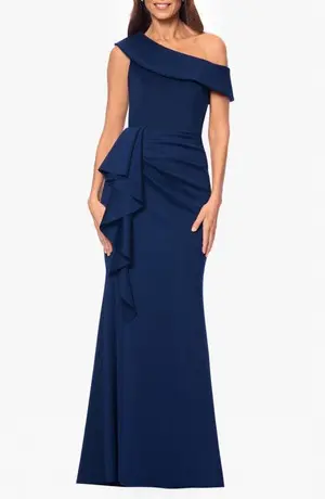 XSCAPE EVENINGS Ruffle One-shoulder Gown - Midnight