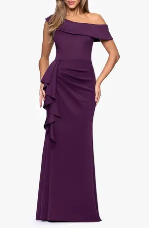 XSCAPE EVENINGS Ruffle One-Shoulder Gown Plum