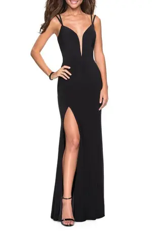 La Femme Column Gown With Strappy Back - Black