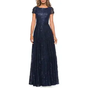 La Femme Sequin Lace A-line Gown With Short Sleeves - Navy