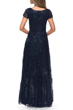 La Femme Sequin Lace A-line Gown With Short Sleeves - Navy