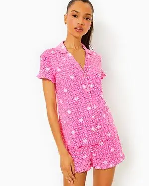LILLY PULITZER Valaine Pajama Top Passion Fruit Pink Fluttering Hearts