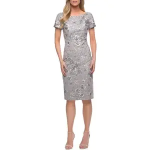 La Femme Short Sleeve Knee Length Lace Dress - Silver