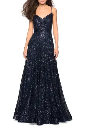 La Femme Sequin Empire Waist Gown With V-back - Navy