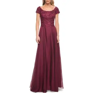 La Femme Short Sleeve Lace Bodice Chiffon Gown