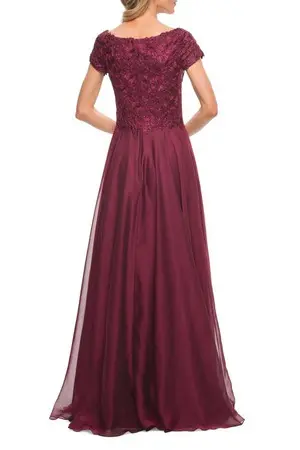 La Femme Short Sleeve Lace Bodice Chiffon Gown