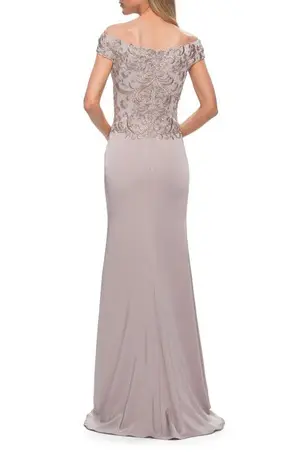 La Femme Satin Gown With Lace Top