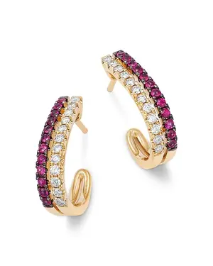 Bloomingdale'S Fine Jewelry Ruby & Diamond Huggie Hoop Earrings - Red/gold