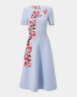 Carolina Herrera Carolina Herrera Floral Jacquard Flare Dress - Celeste Multi