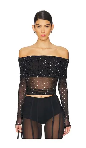 Retrofete Oriana Embellished Mesh Top - Black