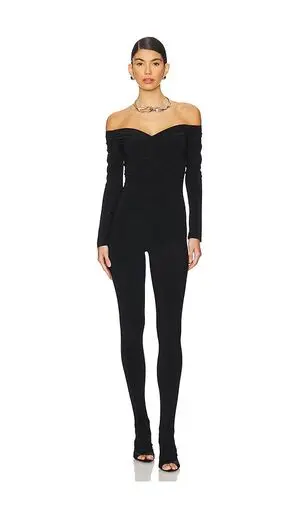 Norma Kamali Off-shoulder Sweetheart Catsuit With Footie - Black