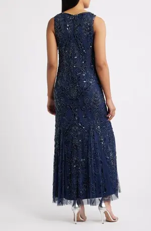Pisarro Nights Beaded Sleeveless Gown - Navy