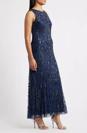 Pisarro Nights Beaded Sleeveless Gown - Navy