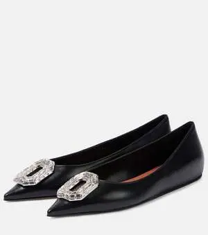 Amina Muaddi Camelia Embellished Leather Ballet Flats - Black