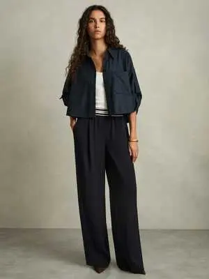REISS Abs Stripe-waistband Wide-leg Trousers - Navy