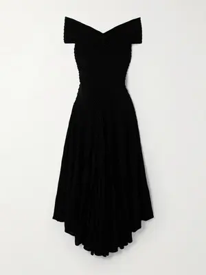 Alaïa Off-the-shoulder Asymmetric Ribbed Wool Midi Dress - Black