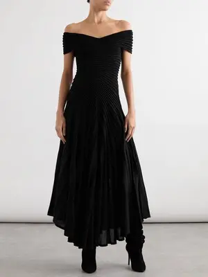 Alaïa Off-the-shoulder Asymmetric Ribbed Wool Midi Dress