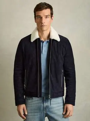 REISS Sandon Suede Jacket With Shearling Collar - Navy