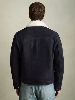 REISS Sandon Suede Jacket With Shearling Collar - Navy