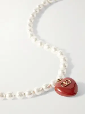 Valentino Garavani Gold-tone, Faux Pearl And Enamel Necklace - White