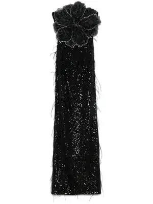 NISSA Floral-appliqué Sequined Maxi Dress
