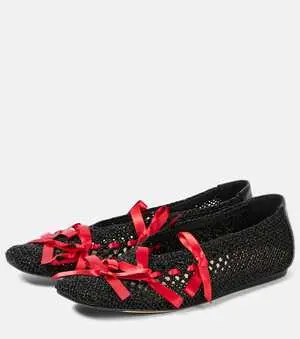 Simone Rocha Red Bow-detail Crochet Ballet Flats