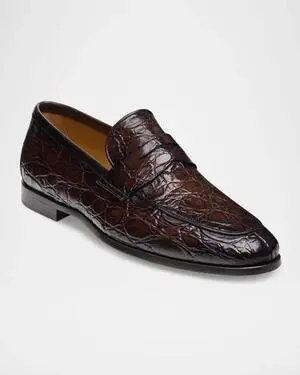 Magnanni Vicente Croc Leather Penny Loafers - Brown