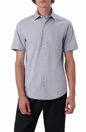 Bugatchi Miles Ooohcotton® Solid Short Sleeve Button-up Shirt - Platinum