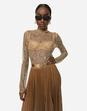 Dolce & Gabbana Floral Lace Turtleneck Blouse - Beige