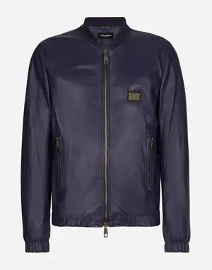 Dolce & Gabbana Leather Jacket With Logo Tag - Blue