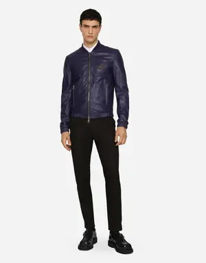 Dolce & Gabbana Leather Jacket With Logo Tag - Blue
