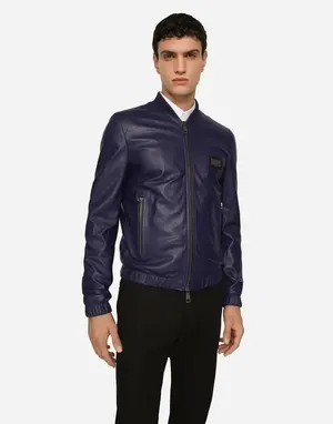 Dolce & Gabbana Leather Jacket With Logo Tag - Blue
