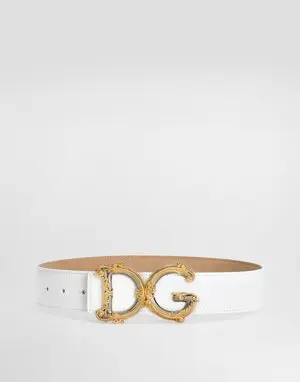 Dolce & Gabbana Leather Belt With Baroque Dg Logo - White