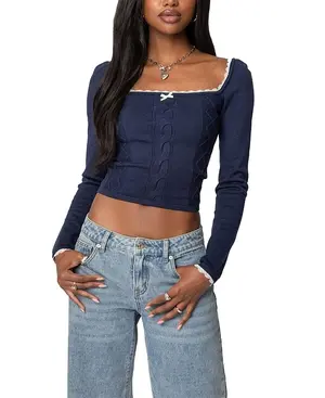 EDIKTED Ansley Lacey Cable Knit Top - Navy