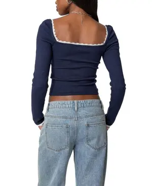 EDIKTED Ansley Lacey Cable Knit Top - Navy