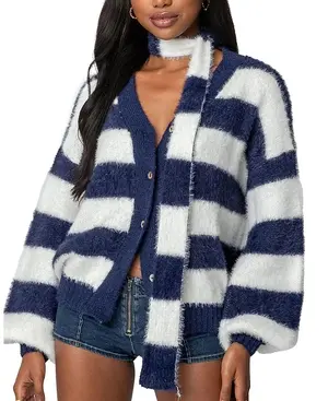 EDIKTED Striped Knit Scarf Cardigan - Navy