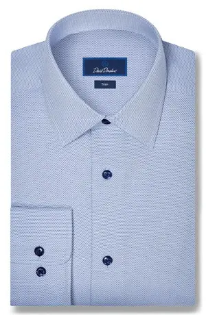 David Donahue Trim Fit Cotton Microdobby Dress Shirt Blue